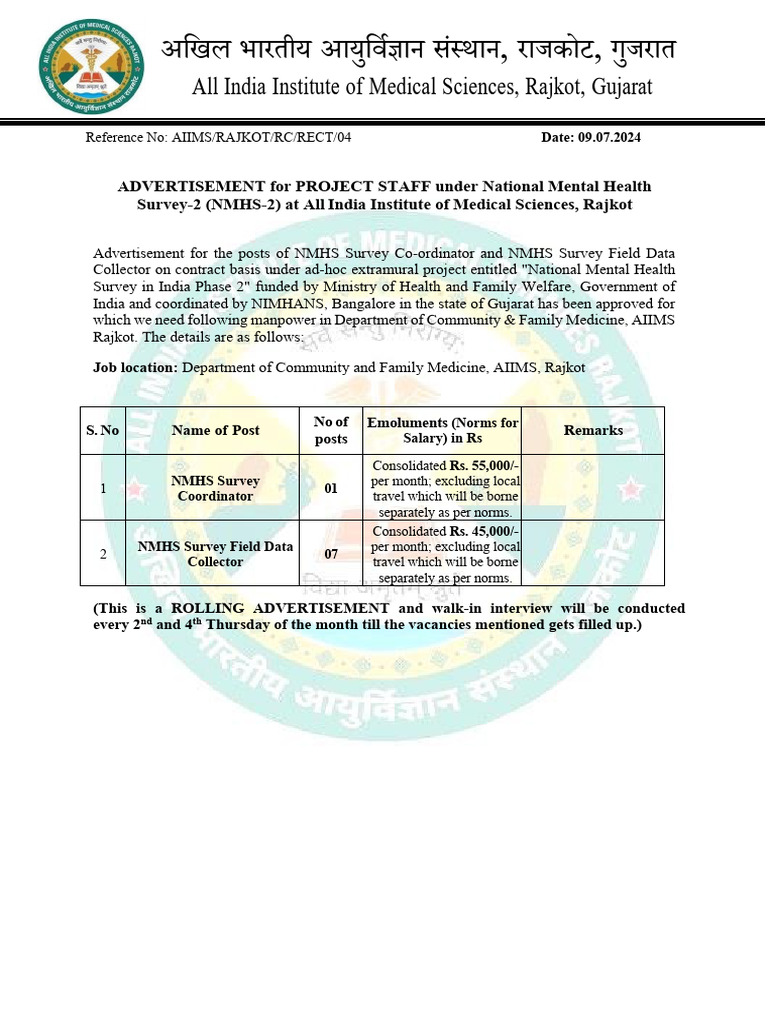 NMHS-2 Project Staff Recruitment at AIIMS Rajkot | PDF | Employment ...