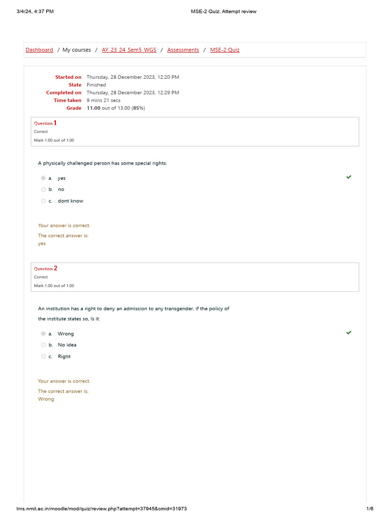 MSE-2 Quiz - Attempt Review | PDF | Social Institutions | Justice