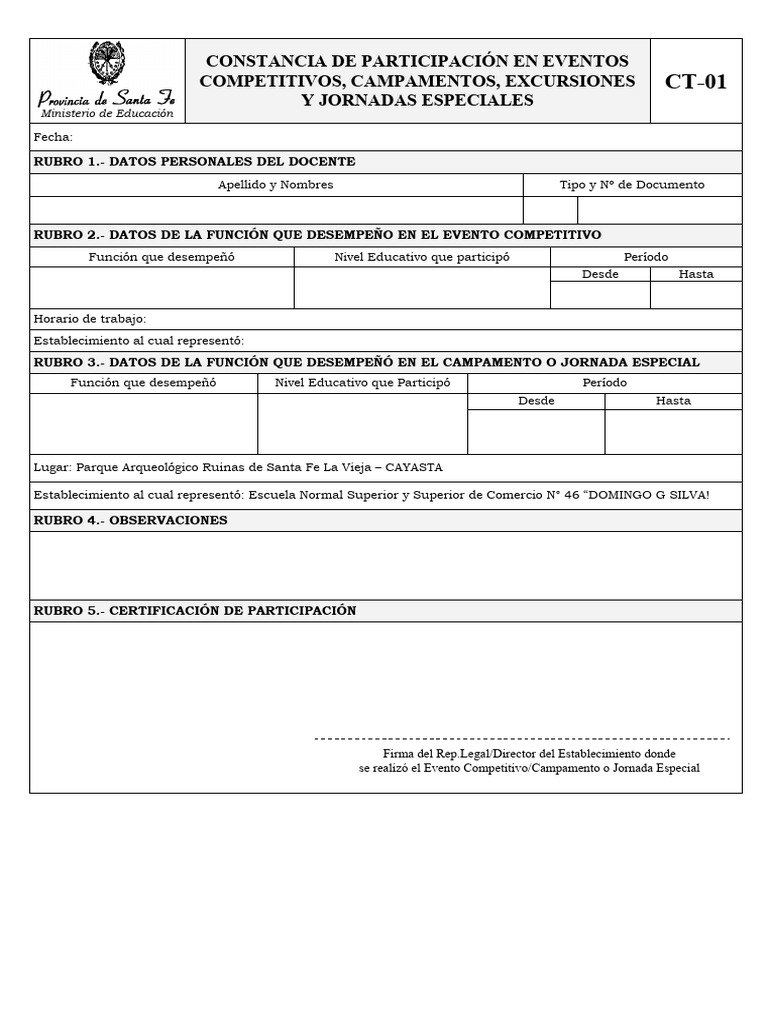 CT01 Constancia de Participacion en Eventos Competitivos o Recreativos | PDF