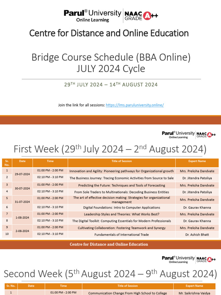 Bridge Course Schedule - BBA July 2024 | PDF | Distance Education | Business