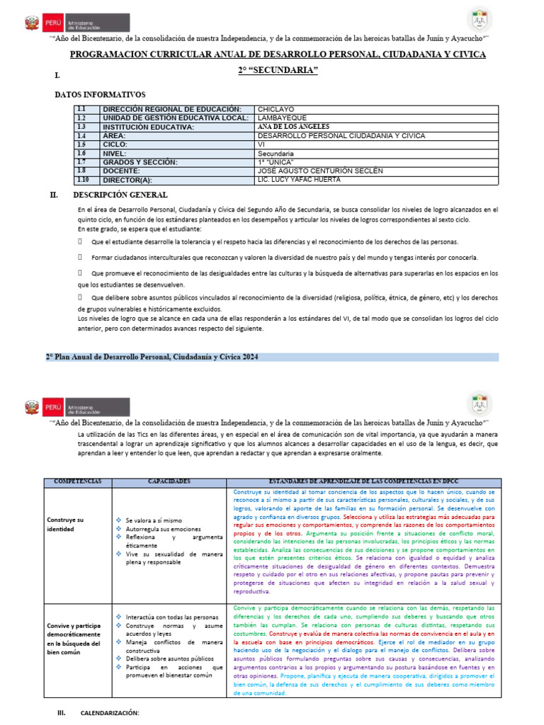 Programacion Anual DPCC 2° Año 2023 | PDF | Aprendizaje | Evaluación