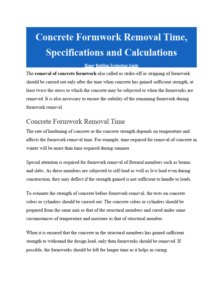 Stripping Of Formwork Removal Time Pdf Concrete Cement