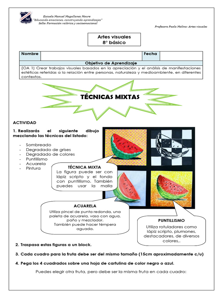 8° Artes guía - Técnicas mixtas | PDF | Pinturas | Pintura con acuarelas