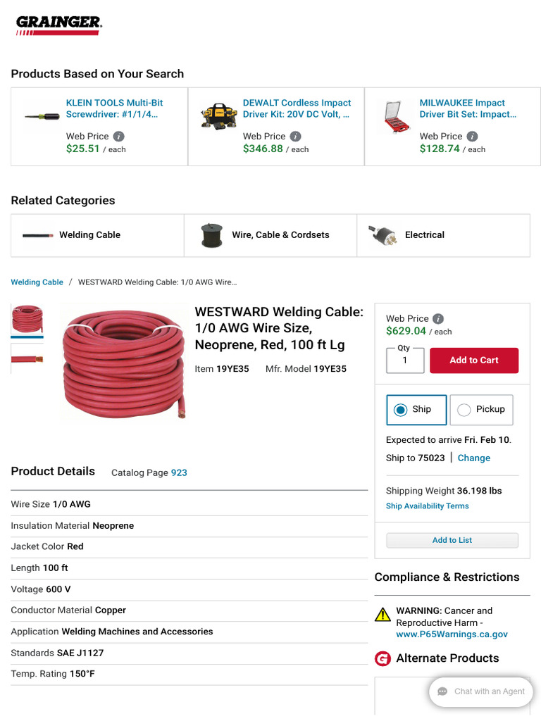 WESTWARD, 1 - 0 AWG Wire Size, Neoprene, Welding Cable | PDF | Welding | Construction