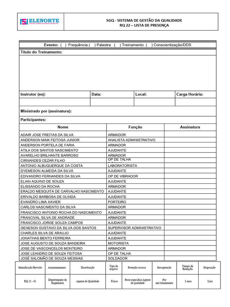 RQ 22 - Lista de Presença em Treinamento Rev 01 | PDF