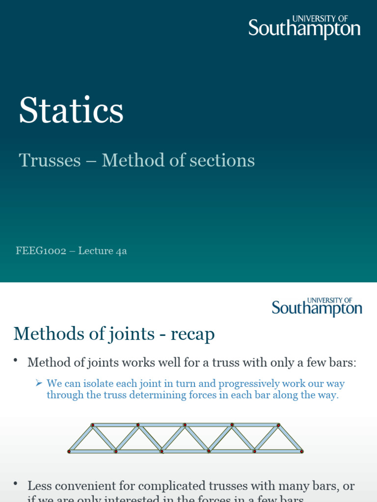 FEEG1002 - Statics 1 - Lecture 4 - Pin Jointed Trusses, Method of Sections | PDF | Truss | Force