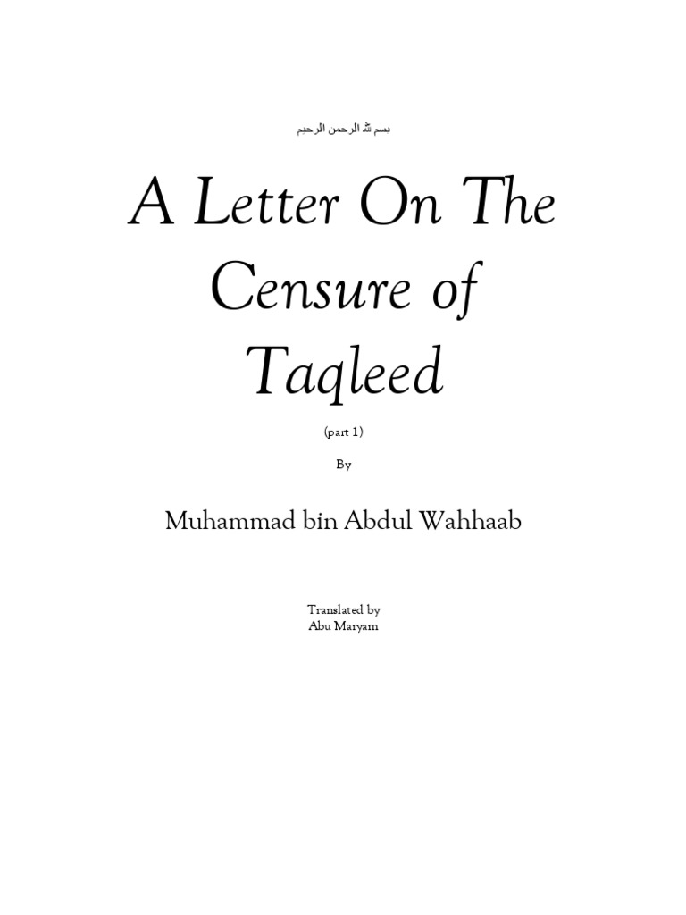 A Letter On The Censure of Taqleed (Part 1) by Shaikh Muhammad Bin ...