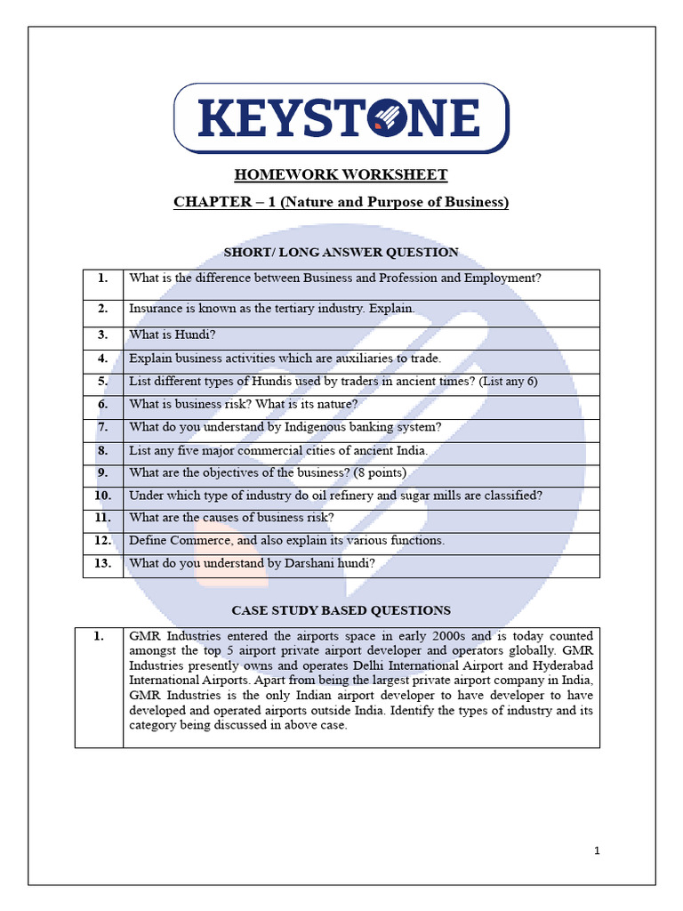 BST Class 11 Worksheet (CHP - 1) - 1 | PDF | Business | Economies