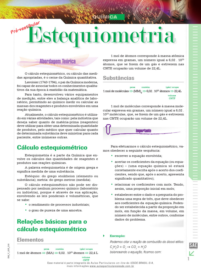 Cálculos Estequiométricos - Resumo | PDF | Estequiometria | Mol (unidade)