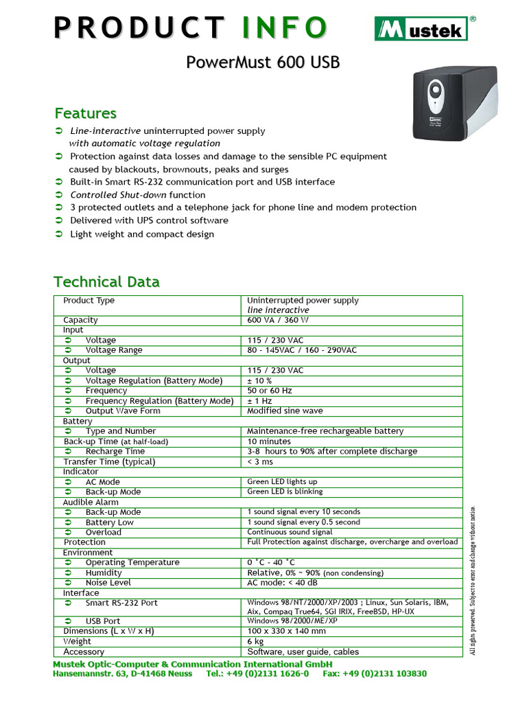 Mustek Ups600usb | PDF | Power Supply | Power (Physics)