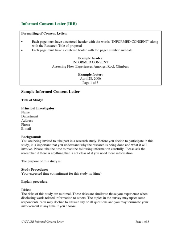 IRB Sample Informed Consent Letter | PDF | Institutional Review Board ...