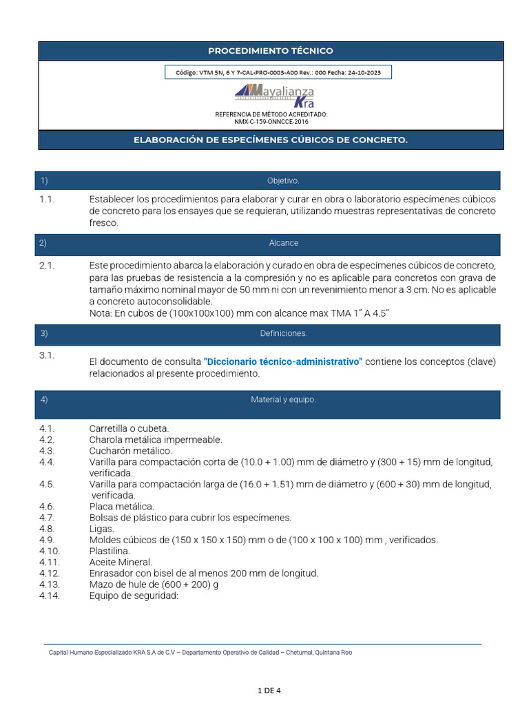 4.-Vtm 5n, 6 y 7-Ptcal-0003-A00 - Procedimiento Tecnico - Elaboración de Especímenes Cúbicos de ...