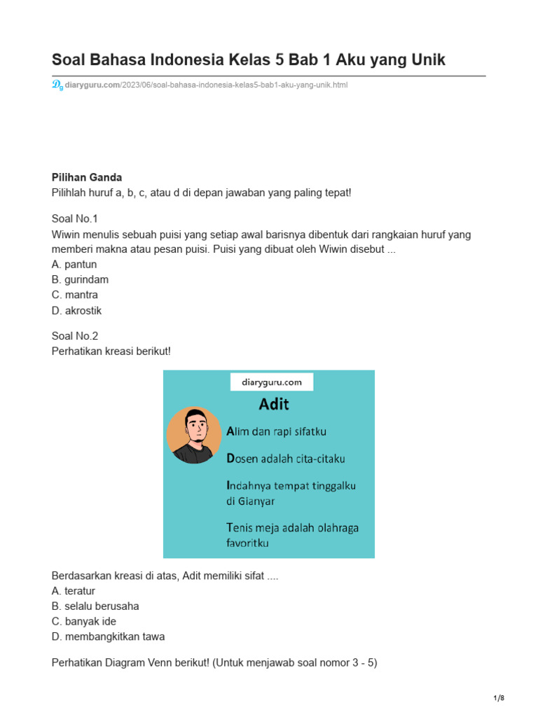 KELAS 5 - SOAL B. INDO BAB 1 (Senin, 29 Juli 2024) | PDF