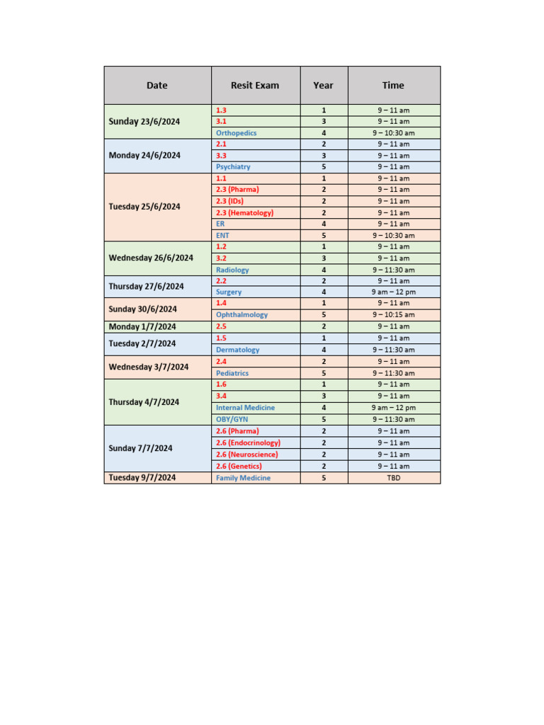 Medical Resit Exam Schedule 2024 | PDF