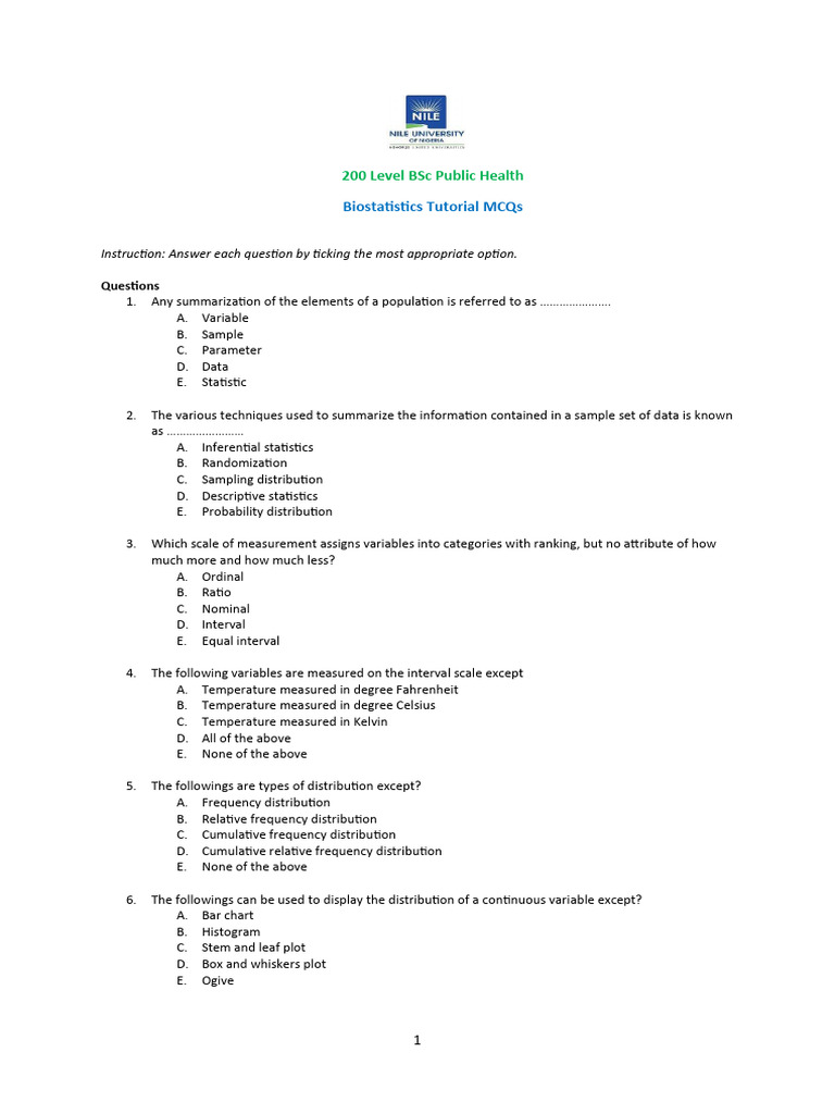 Biostatistics Tutorial MCQs | PDF | Mean | Quantile