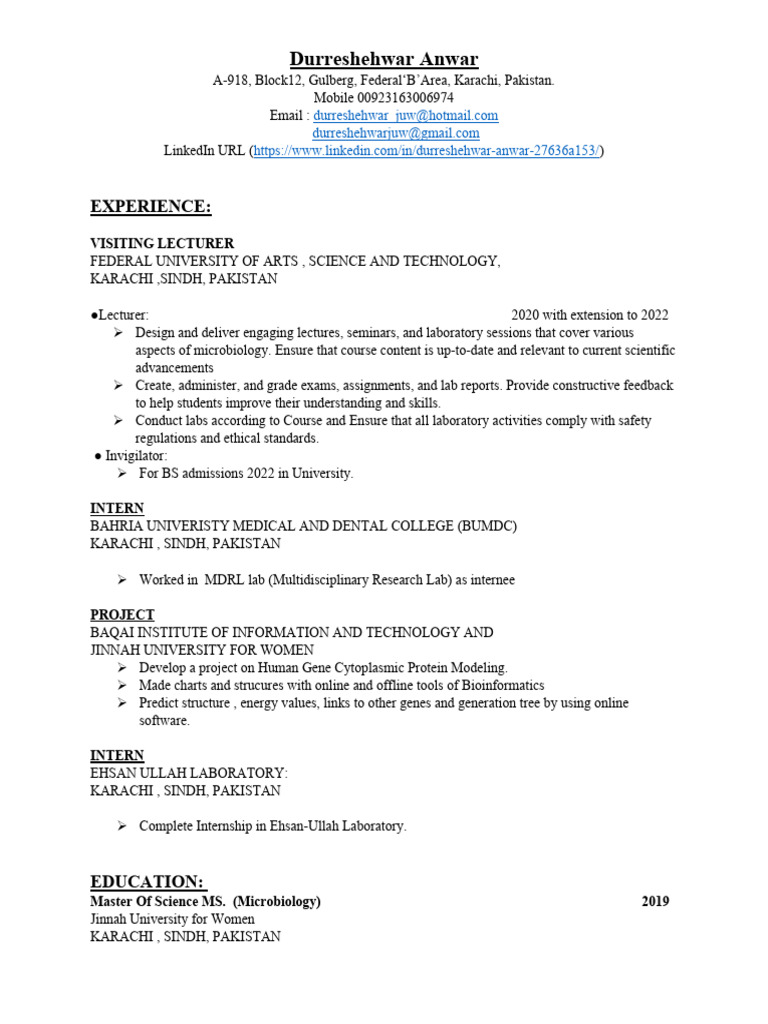 Durreshehwar Anwar CV 2024 | PDF | Computers