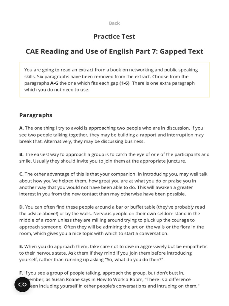 CAE Reading and Use of English Part 7 - Gapped Text Practice Test | PDF