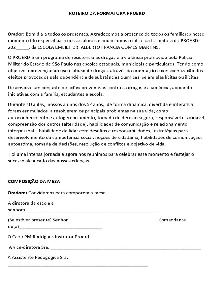 Roteiro Da Formatura Proerd | PDF | Estilo de vida