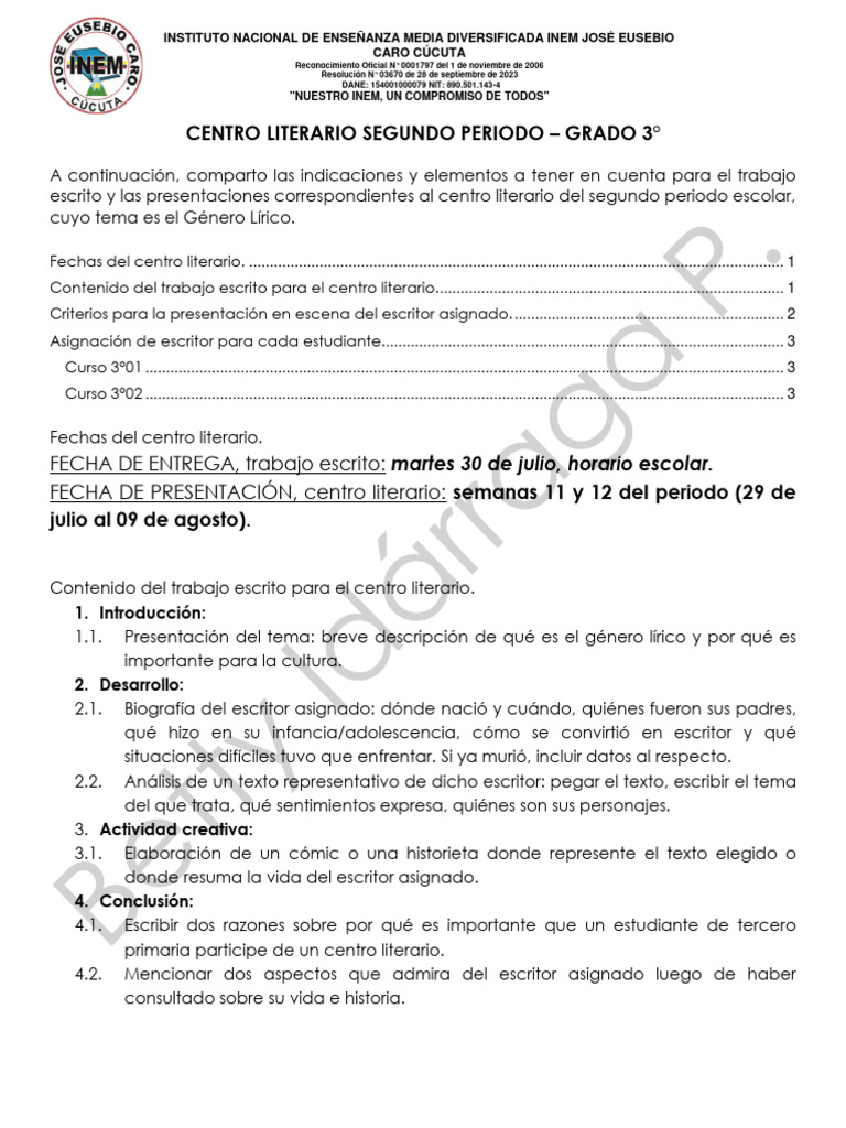 Centro Literario Segundo Periodo - Grado 3° | PDF | Escritores | Poetas