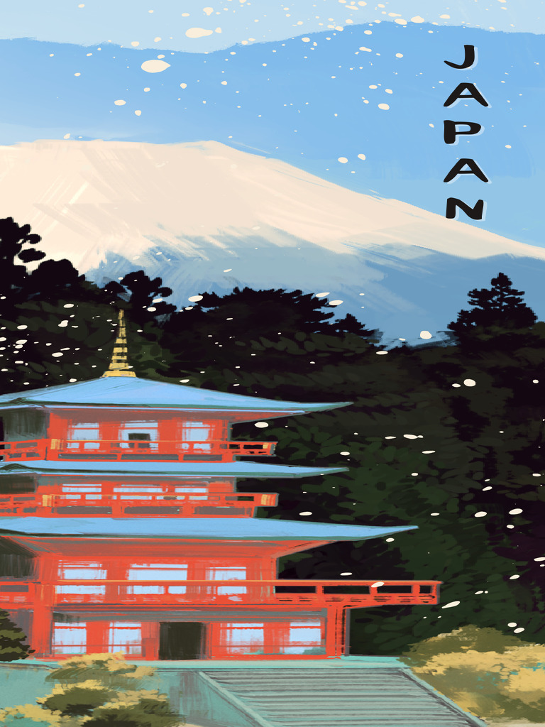 Blue Green and Red Illustrated Japanese Landscape Bookmark | PDF