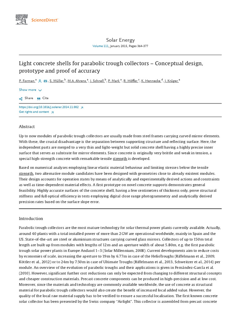 Light Concrete Shells For Parabolic Trough Collectors - Conceptual ...