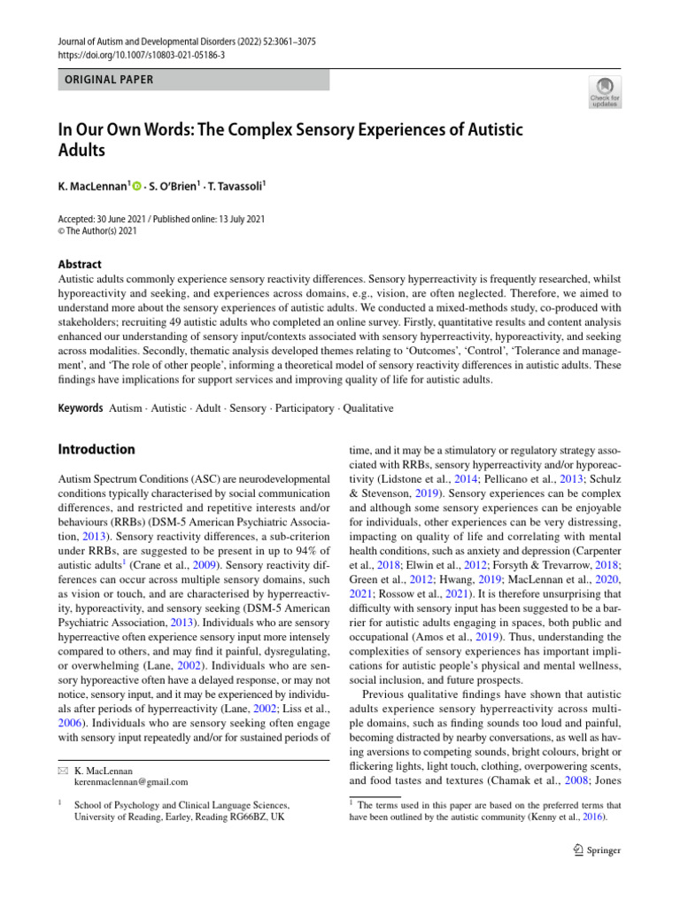 The Complex Sensory Experience of Autistic Adults | PDF | Autism Spectrum | Odor