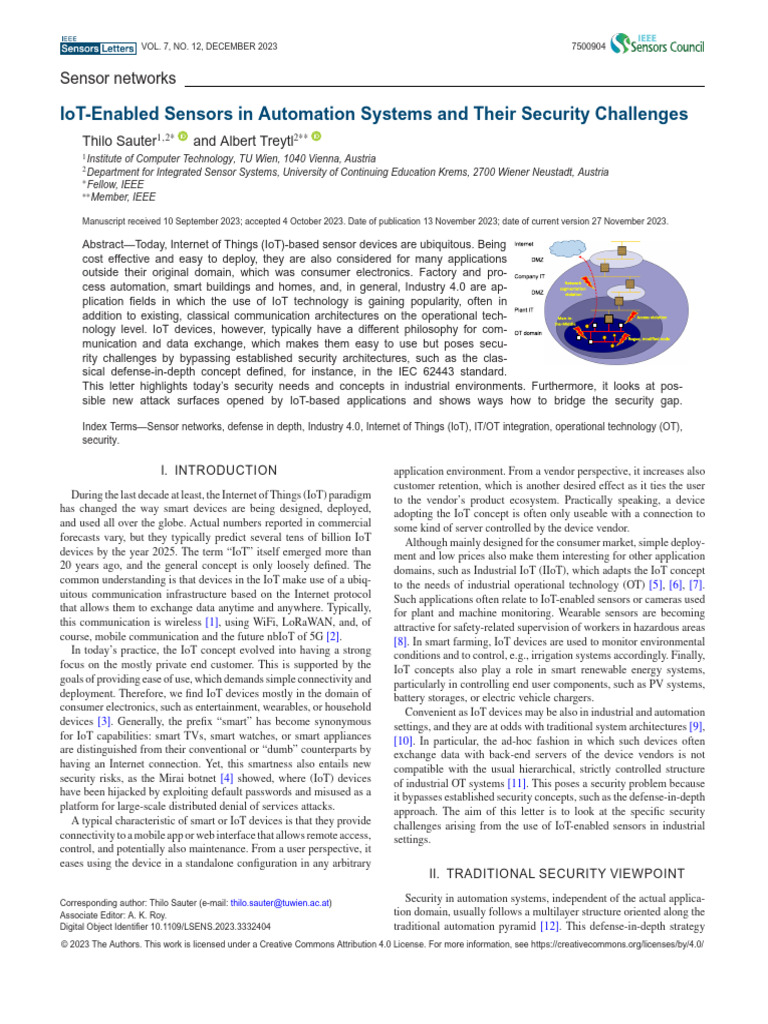 IoT-Enabled Sensors in Automation Systems and Their Security Challenges | PDF | Internet Of ...