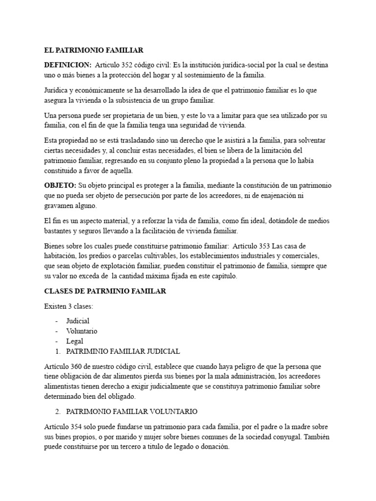 EL PATRIMONIO FAMILIAR | PDF | Bienes (Ley) | Propiedad