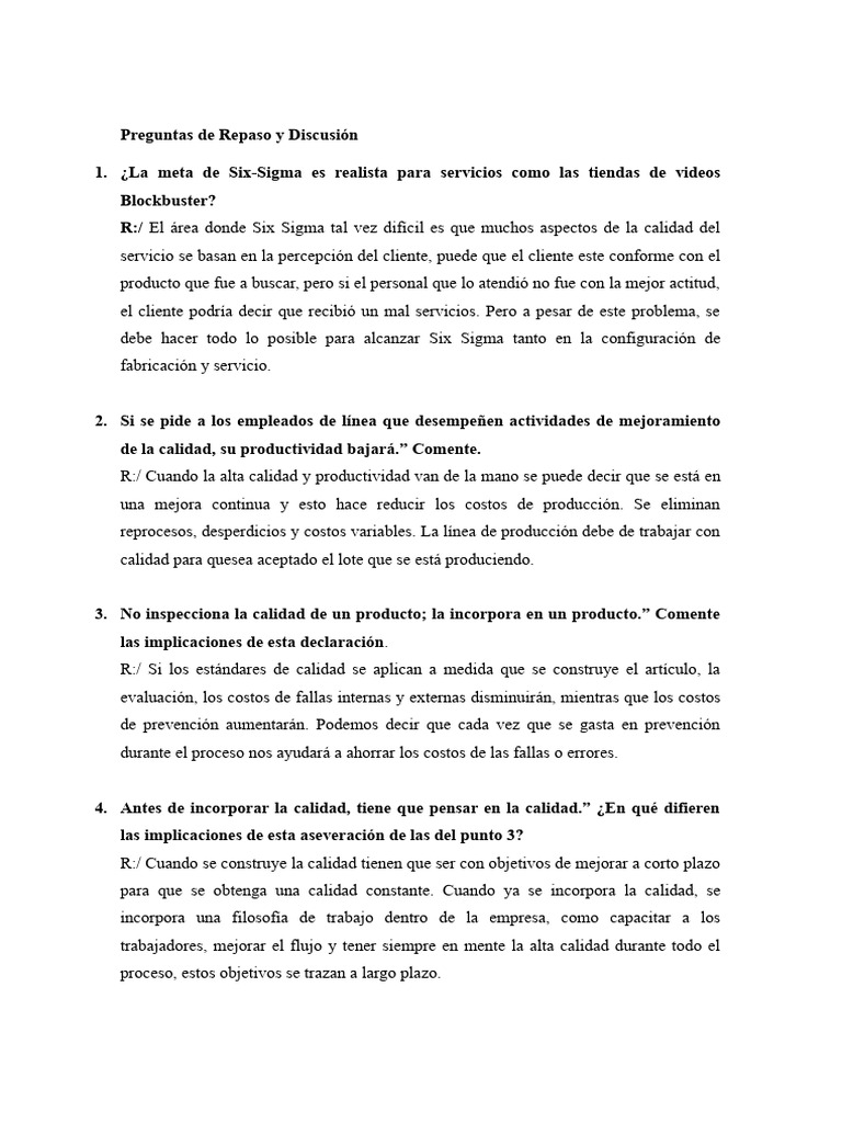 Preguntas de Repaso y Discusión Cap 9 | PDF | Six Sigma