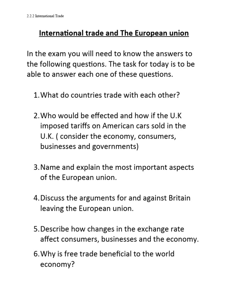 2.2.2 International Trade Worksheet | PDF | Tariff | Free Trade