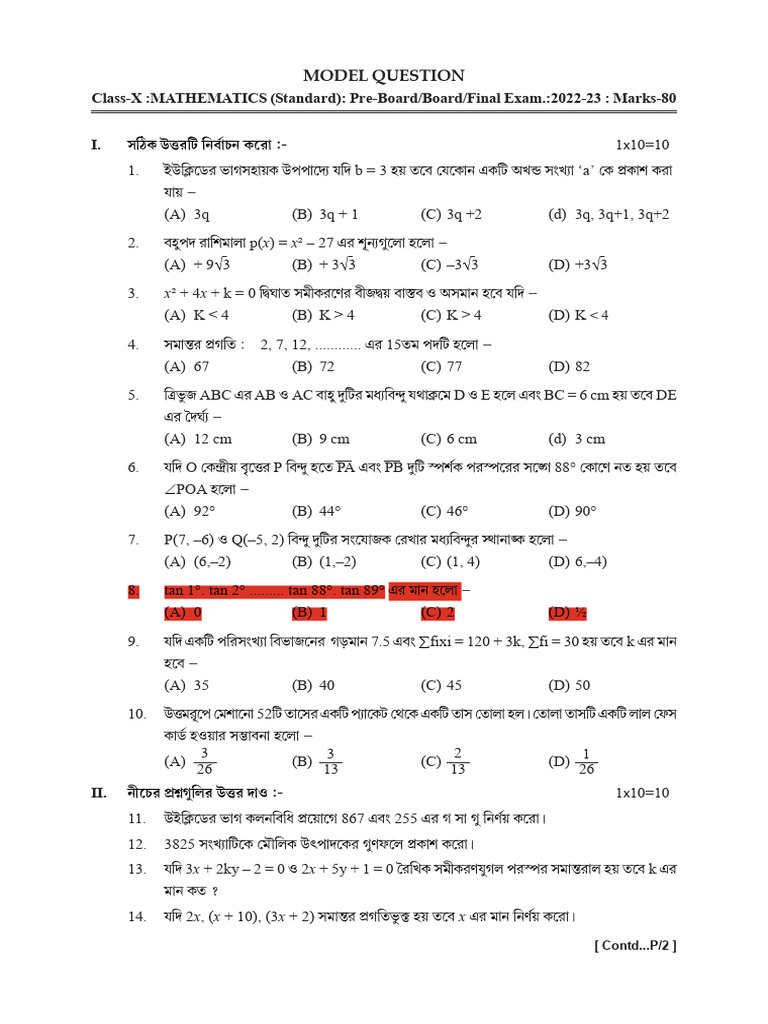 Model Question Class X Math STDKK | PDF