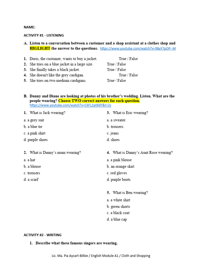 Cloth and Shopping Exercises | PDF | Clothing | Fashion