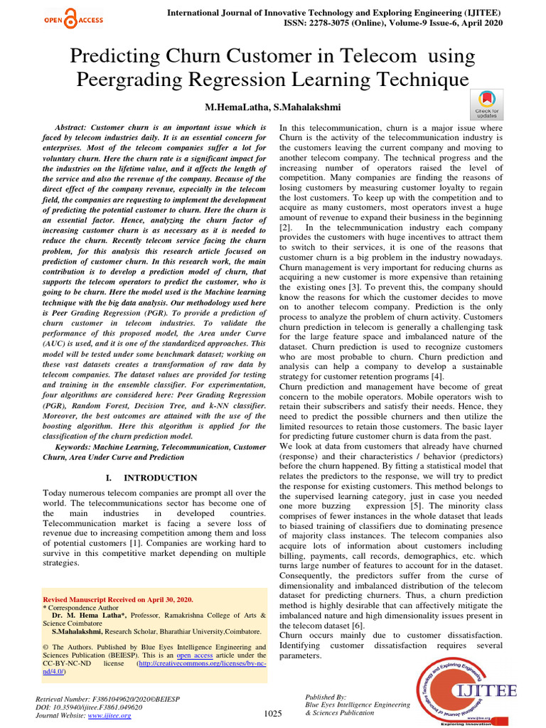 Predicting Churn Customer in Telecom Using Peergrading Regression Learning Technique | PDF ...