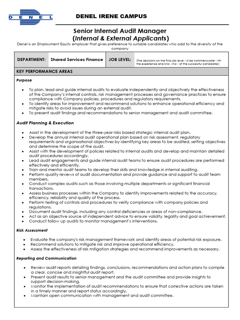 Senior Internal Auditor Manager Job Advert | PDF | Audit | Internal Audit