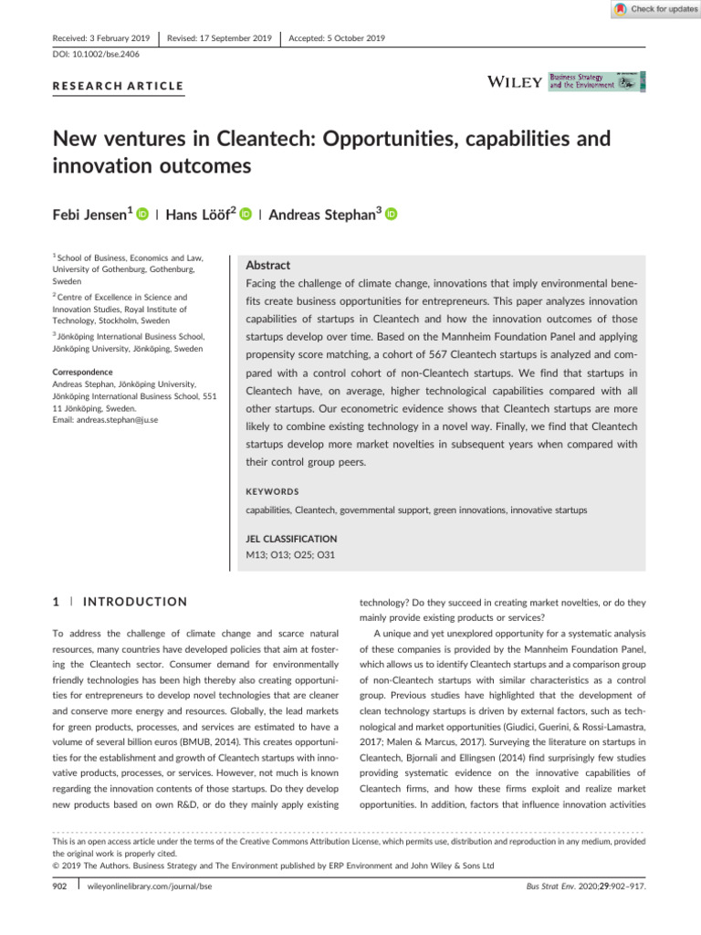 Bus Strat Env - 2019 - Jensen - New Ventures in Cleantech Opportunities Capabilities and ...