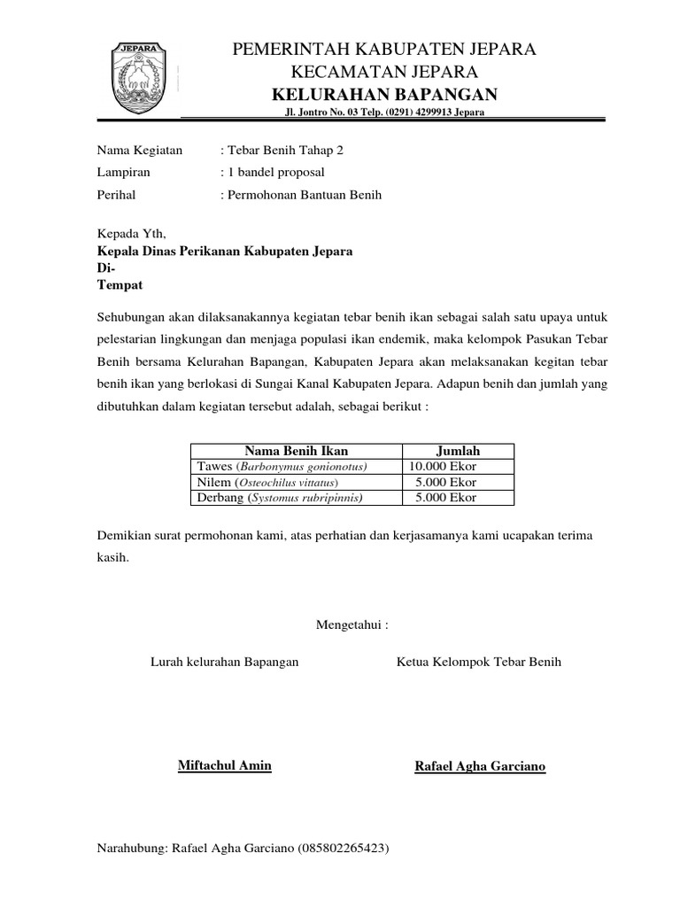 Surat Pengantar Proposal Dinas Perikanan Kab Jepara | PDF