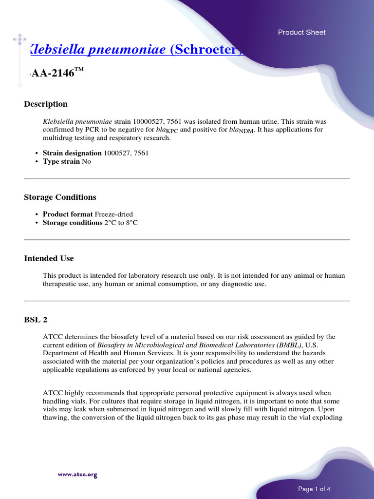 BAA-2146 Product Sheet - Klebsiella Pneumoniae (Schroeter) Trevisan | PDF | Atcc (Company)