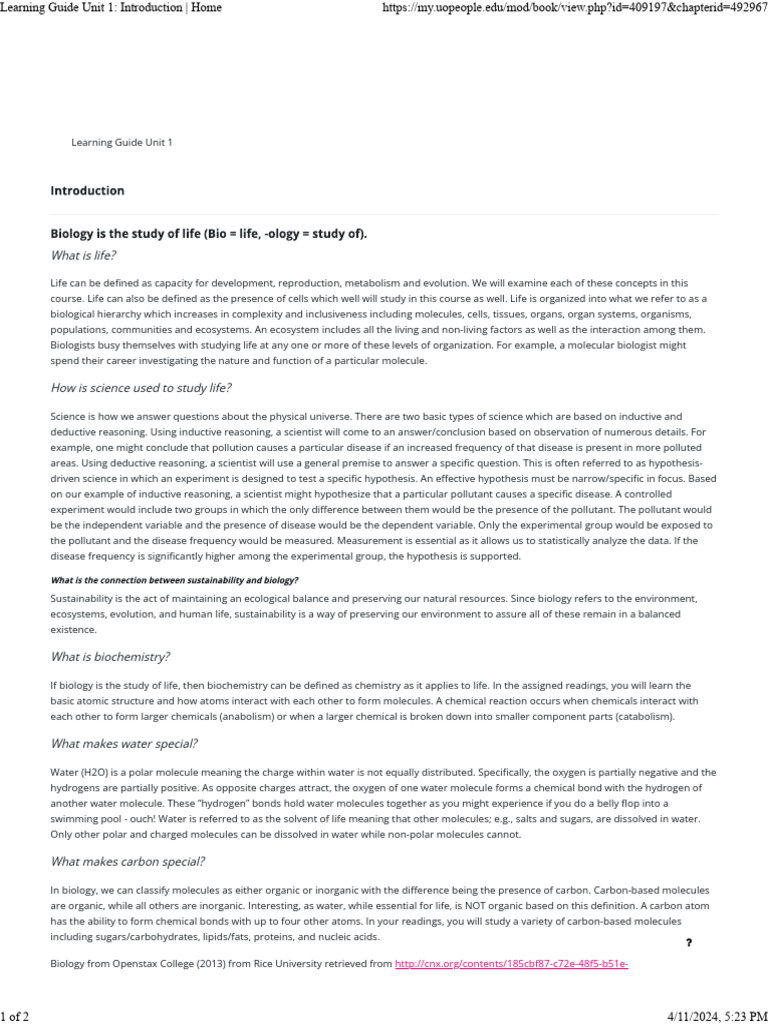 BIOL 1301 Learning Guide Unit 1 Introduction Home | PDF | Water | Molecules