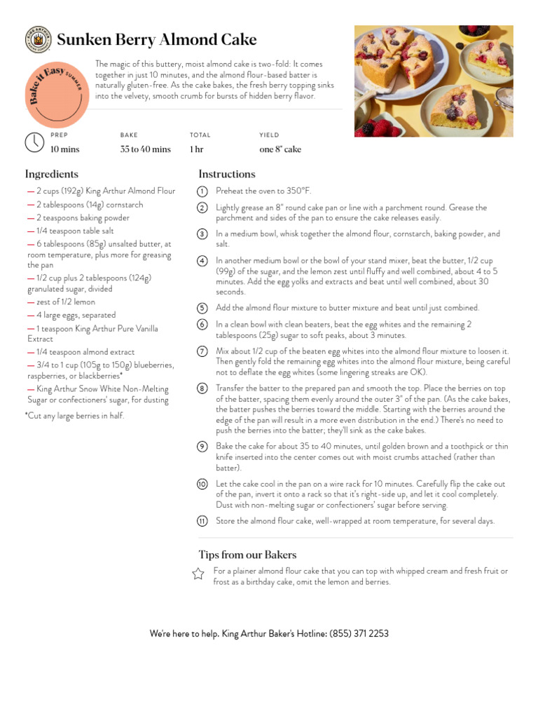 Sunken Berry Almond Cake Recipe - King Arthur Baking | PDF | Cakes | Berry