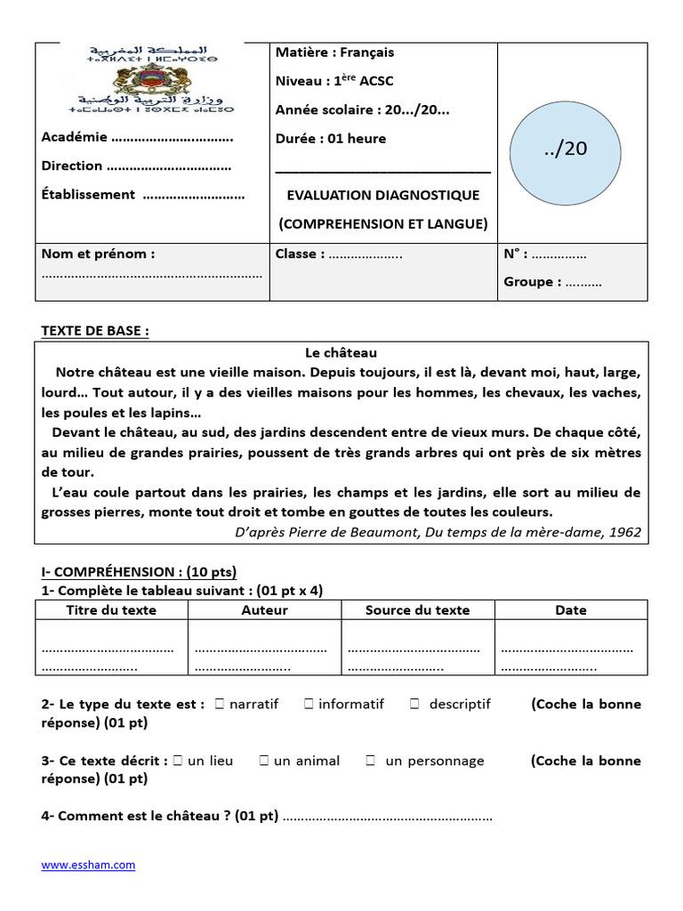 Évaluation Diagnostique Français 1ère Année | PDF