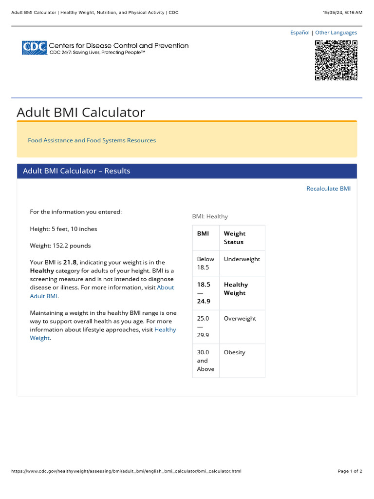 Adult BMI Calculator Overview | PDF | Body Mass Index | Obesity