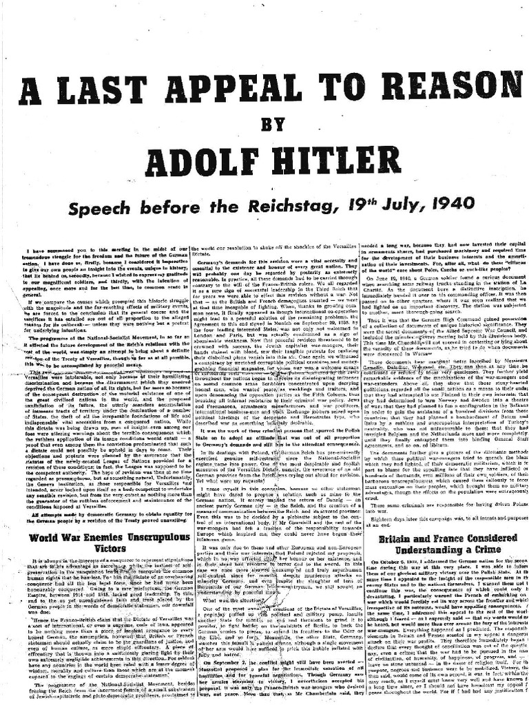 A Last Appeal To Reason by Adolf Hitler | PDF