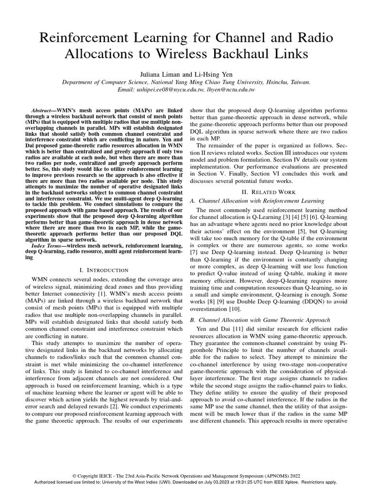 Reinforcement Learning For Channel and Radio Allocations To Wireless Backhaul Links | PDF ...