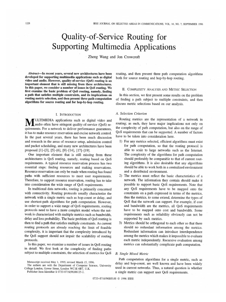 Quality-Of-Service Routing For Supporting Multimedia Applications | PDF