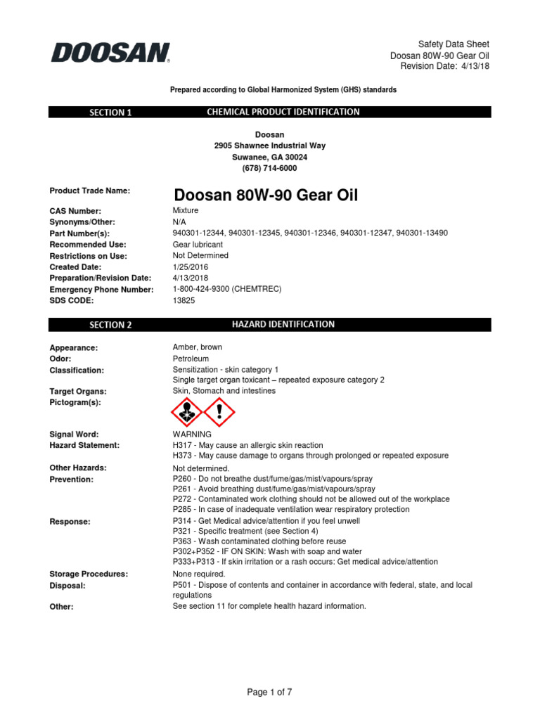 Doosan 80W90 Gear Oil - SDS 4-13-18 | PDF | Combustion | Firefighting