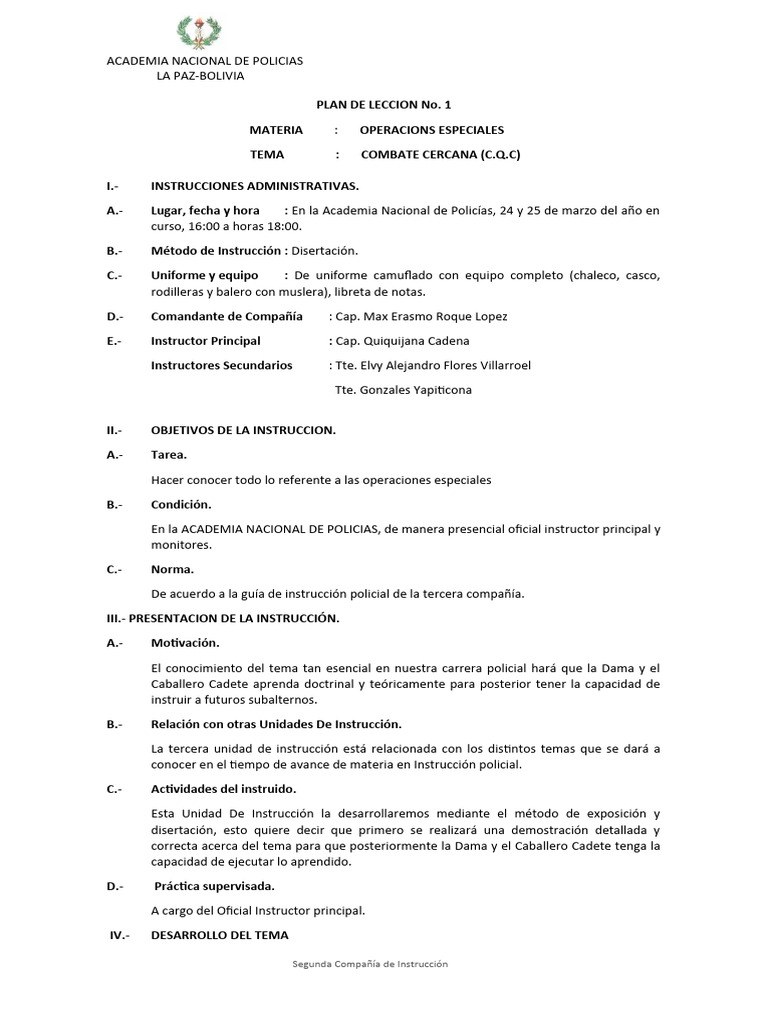 PLAN DE LECCION tercera compañia | PDF | Policía | Bolivia