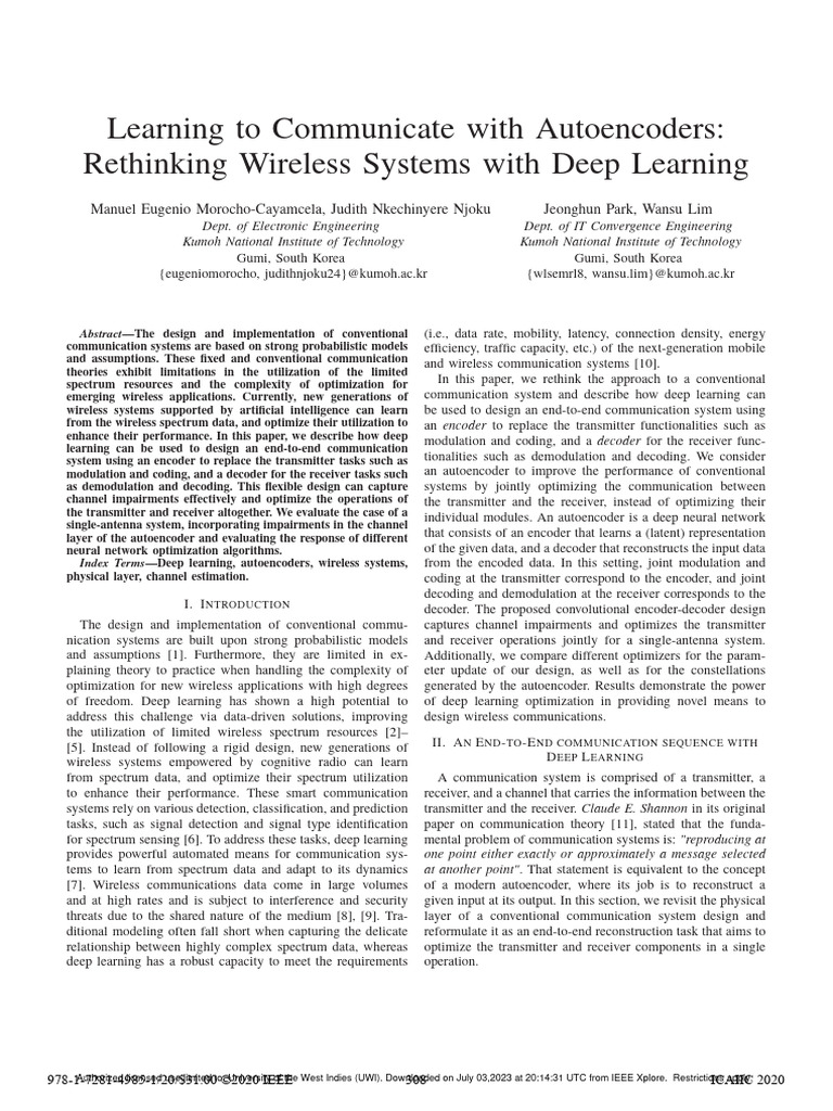 Learning To Communicate With Autoencoders Rethinking Wireless Systems With Deep Learning | PDF ...