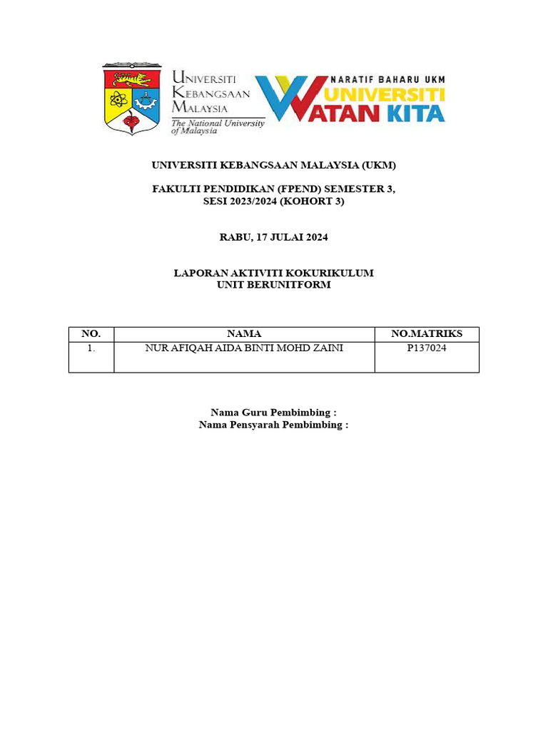 Cover Page LAPORAN AKTIVITI KOKO DPLI UKM Pratikal | PDF
