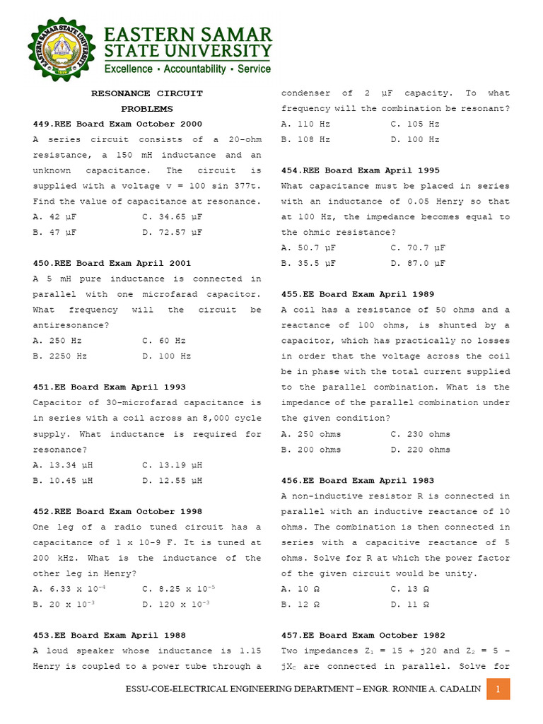 Resonance Circuit Problems | PDF | Resonance | Electrical Impedance