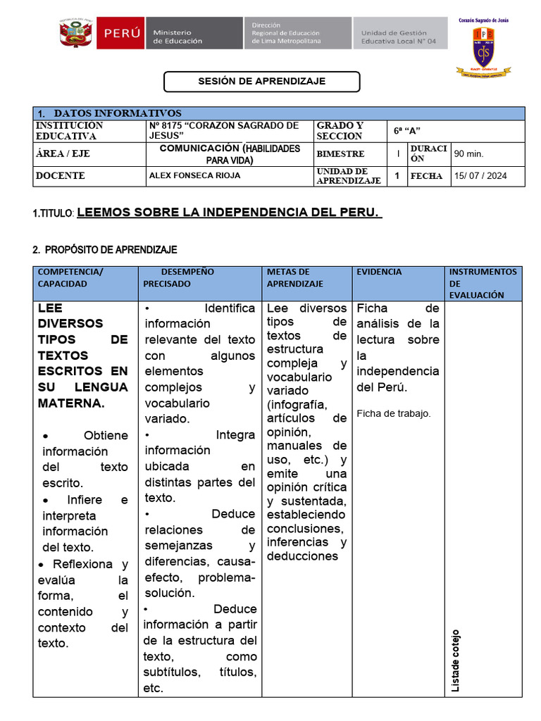 Sesion de Aprendizaje de Comunicacion S18 - 15 de Julio 2024 | PDF ... Sesion de Aprendizaje de Comunicacion S18 - 15 de Julio 2024 | PDF ...